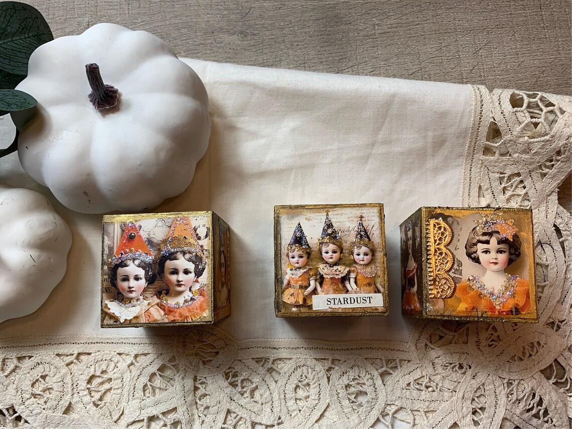 Halloween Decorated Wood Blocks Home Decor Cute Antique Dolls Gift Idea ...