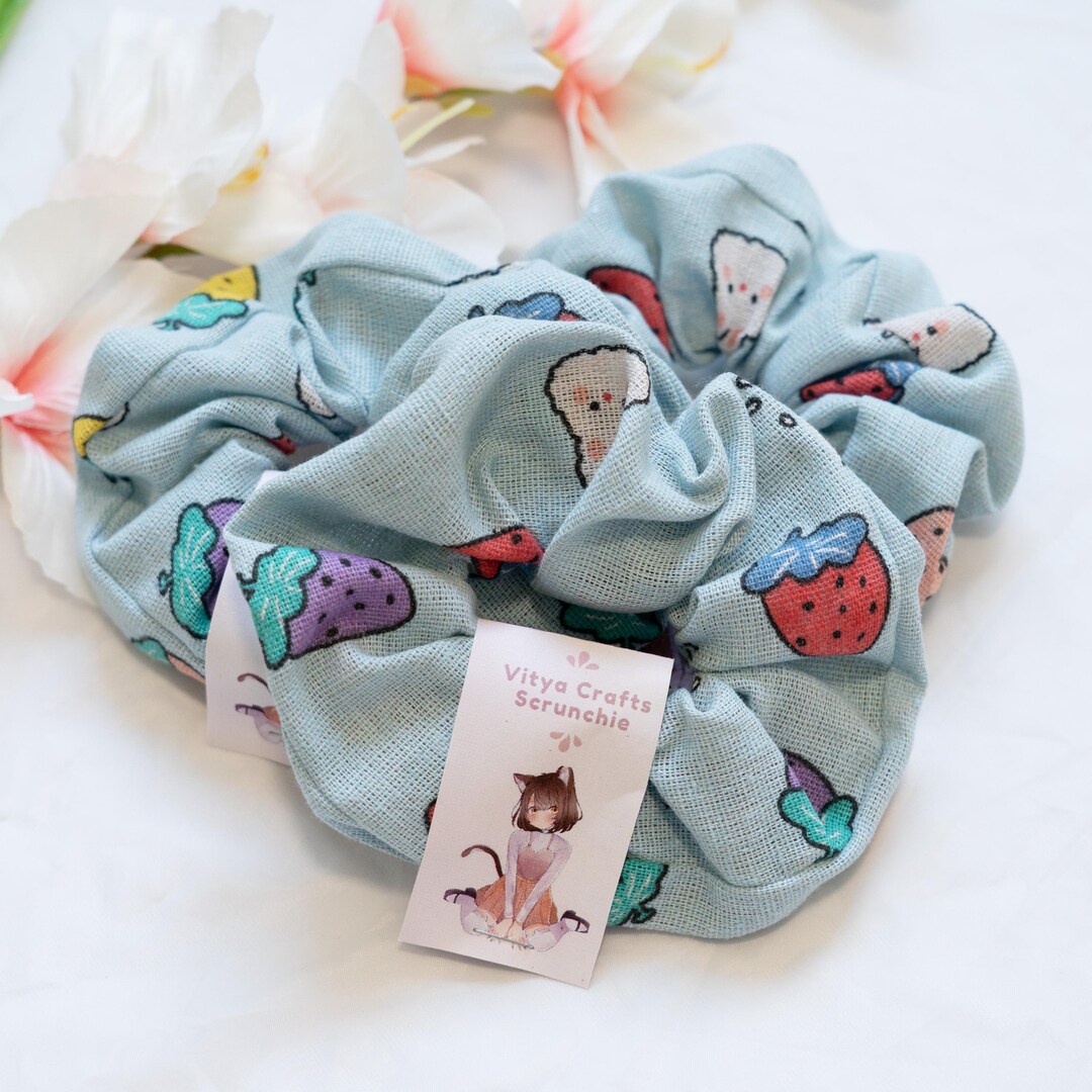 Bunnyworld | Strawberry Bunny Scrunchie Blue and Pink - Etsy