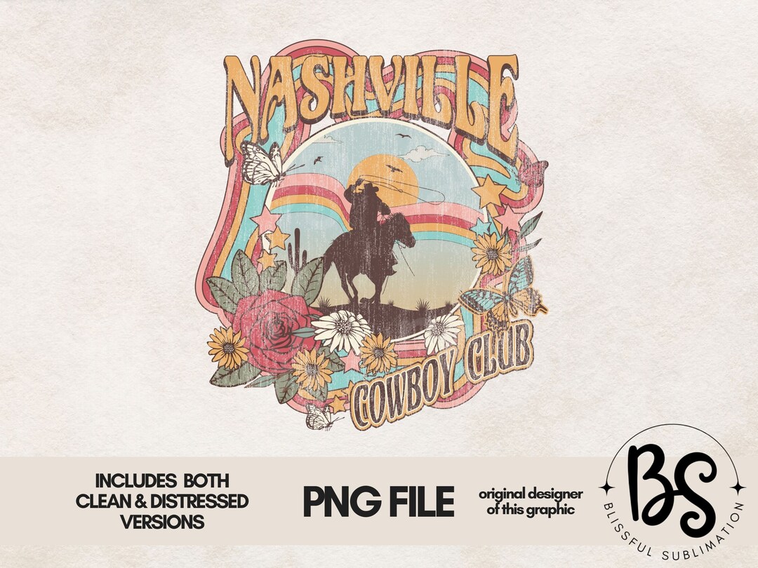 Nashville Psychedelic Retro Cowboy Wild Flower Guitar Music City Print ...