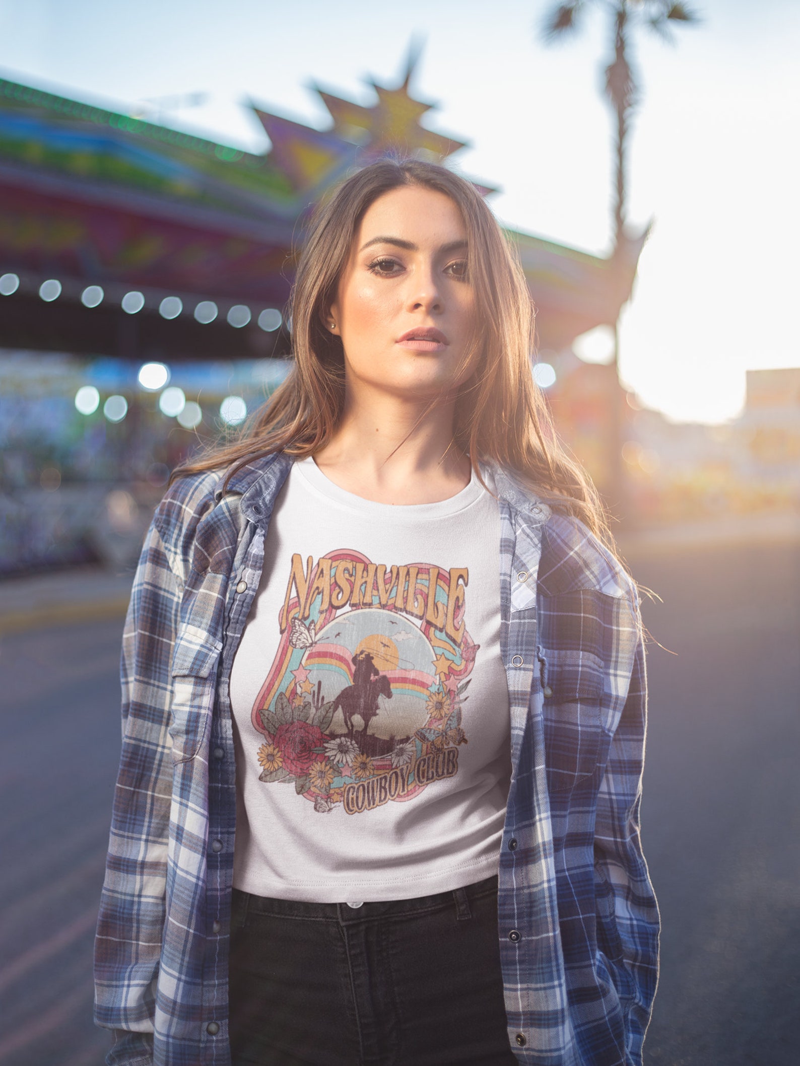 Nashville Psychedelic Retro Cowboy Wild Flower Guitar Music City Print ...