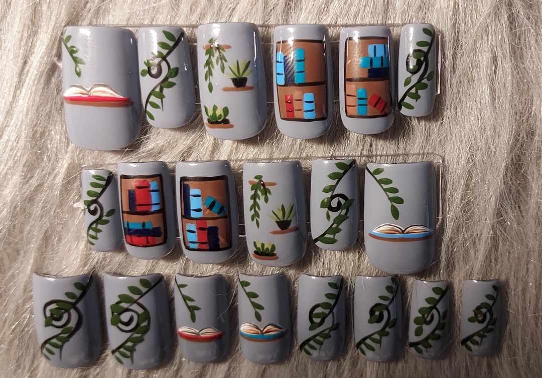Handpainted Press-on Nails, "library" Theme - Etsy