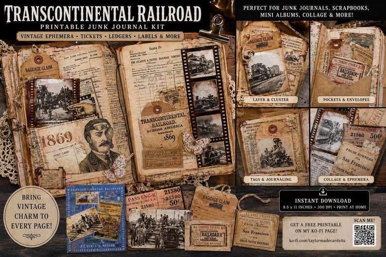 Transcontinental Railroad Junk Journal Kit Printable | Vintage Train ...