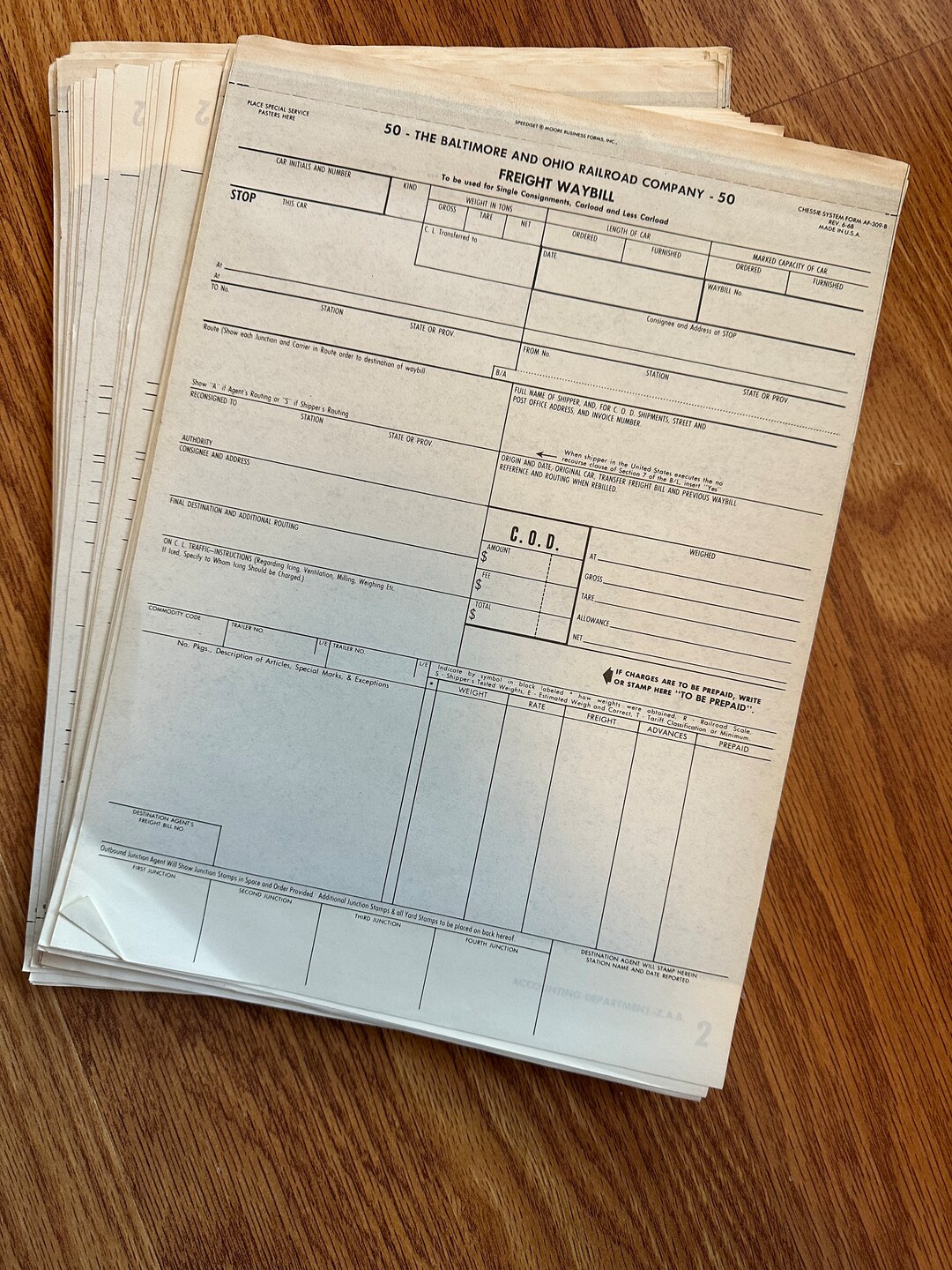 Vintage Baltimore and Ohio Railroad Freight Waybill Carbon Form New Old ...