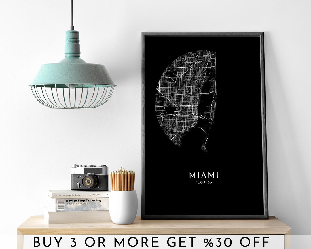 MIAMI City Map PRINTABLE Black and White Dark Circle Map Wall Art ...