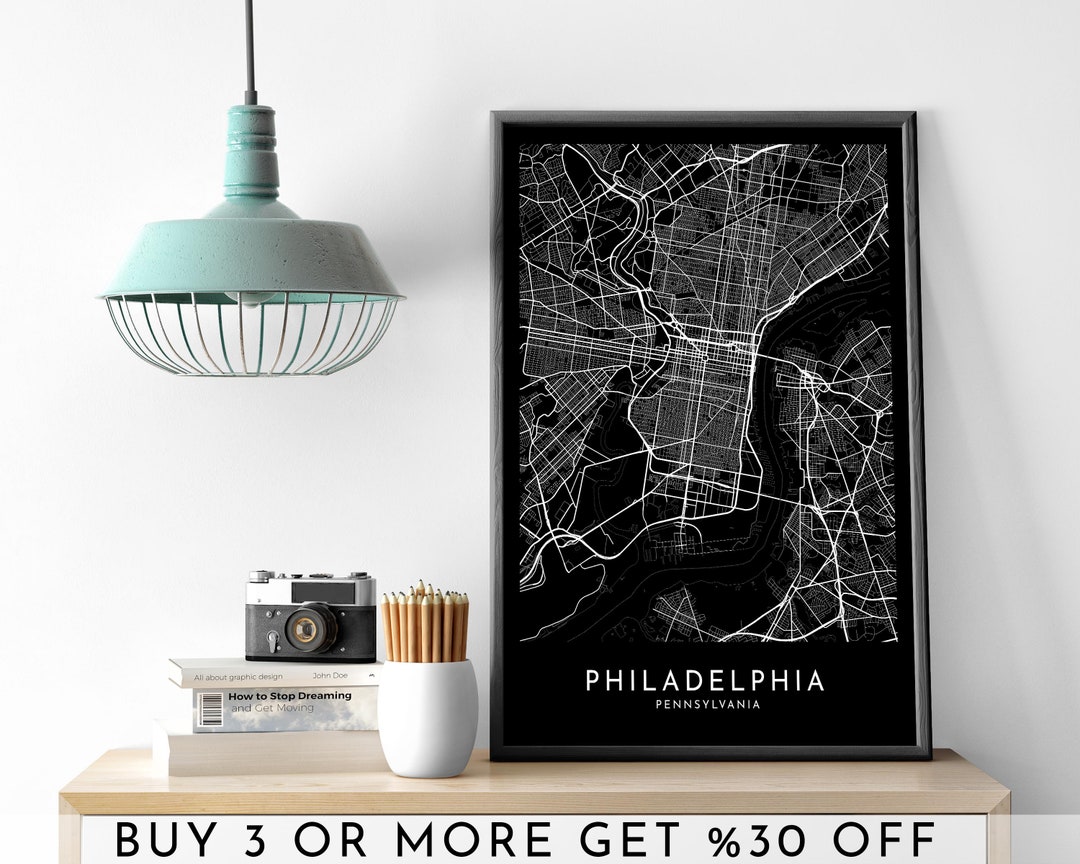 PHILADELPHIA City Map PRINTABLE Black and White Dark Map Wall Art ...