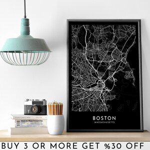 Boston City Map Art Print: Modern Black and White Minimalist (digital ...