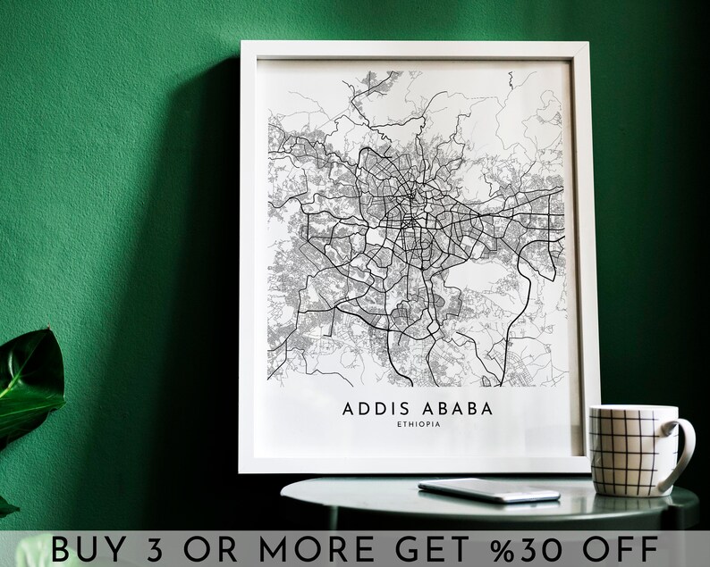 Addis Ababa City Map Art: Minimalist Black and White Print (digital ...