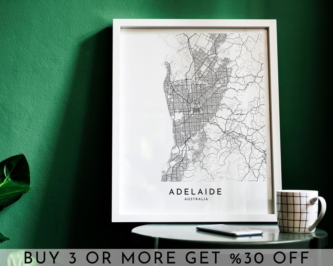 Adelaide Australia City Map Art: Minimalist Black and White Print ...