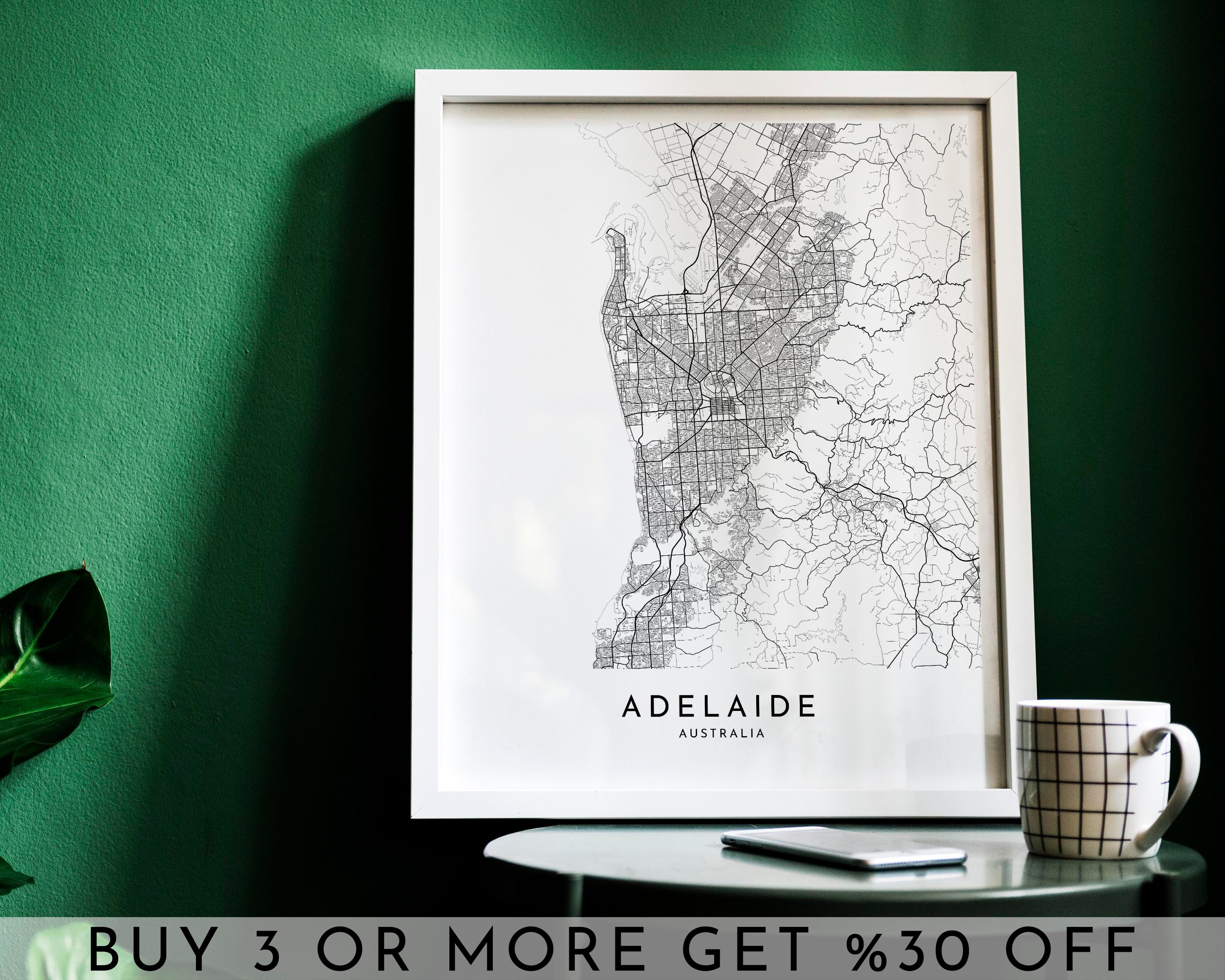 Adelaide Australia City Map Art: Minimalist Black and White Print ...