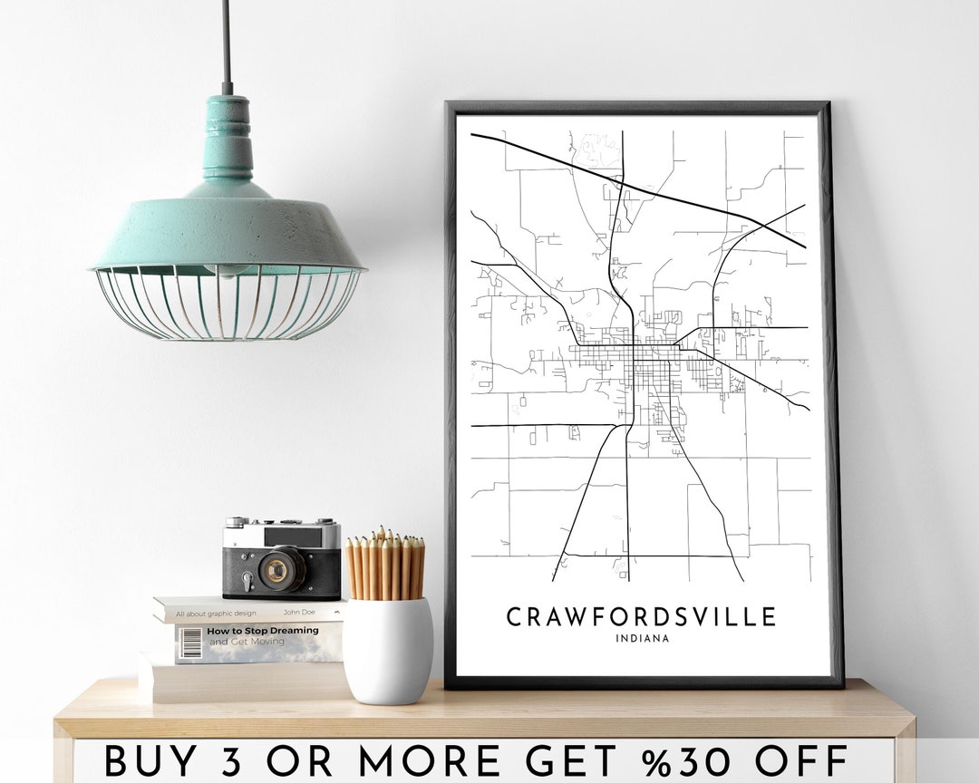 CRAWFORDSVILLE City Map PRINTABLE Black and White Wall Art Poster ...