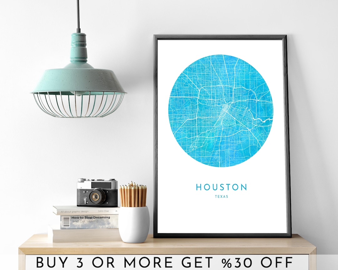 Houston City Map Art: Modern Watercolor Circle Print (digital File) - Etsy