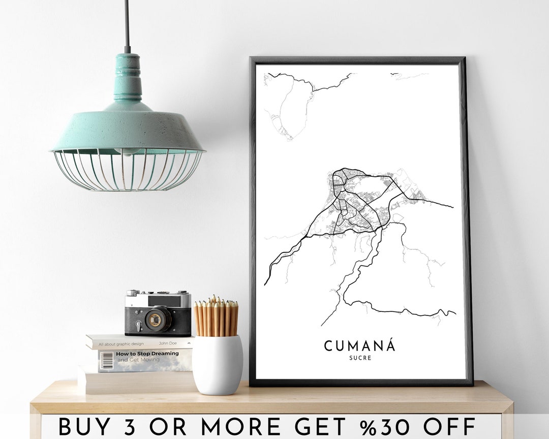 CUMANÁ Mapa de la ciudad IMPRIMIBLE Cartel de arte de pared en blanco y ...