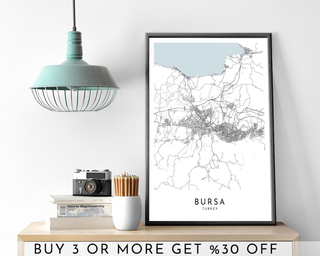 Bursa Turkey Map Art Print: Minimalist Black and White Cityscape ...