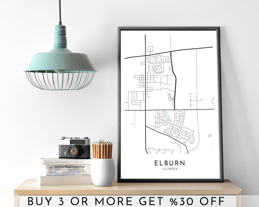 Elburn Illinois Map Art: Modern Black and White City Poster (digital ...