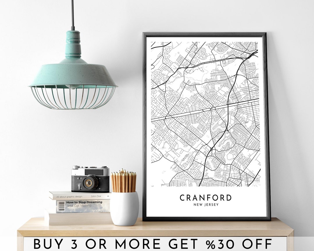 CRANFORD City Map PRINTABLE Black and White Wall Art Poster Modern ...