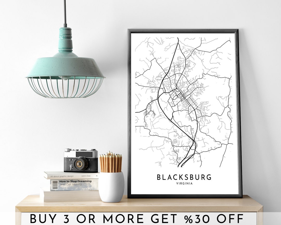 Blacksburg Virginia Map Art Print: Modern Black and White City Poster ...