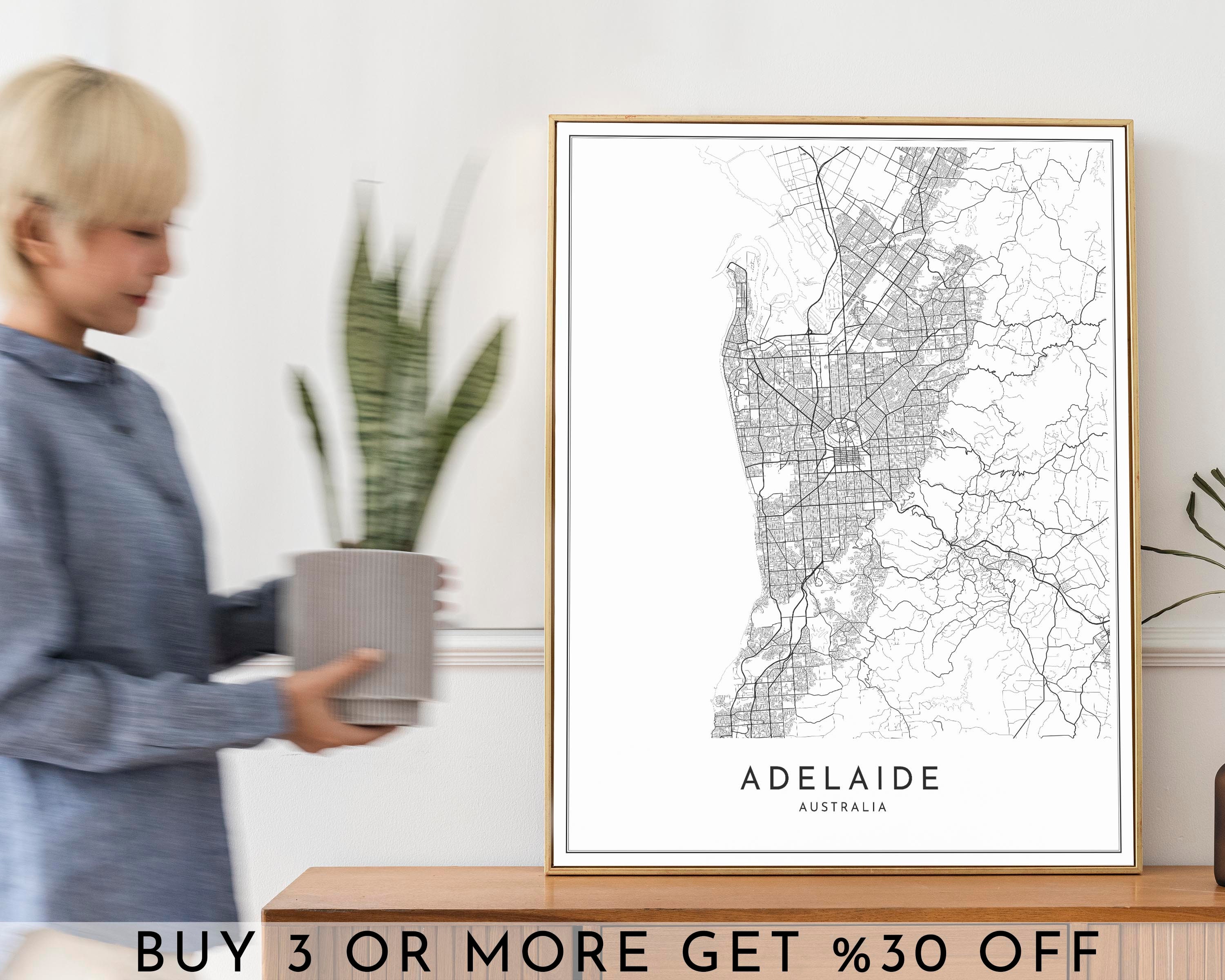 Adelaide Australia City Map Art: Minimalist Black and White Print ...