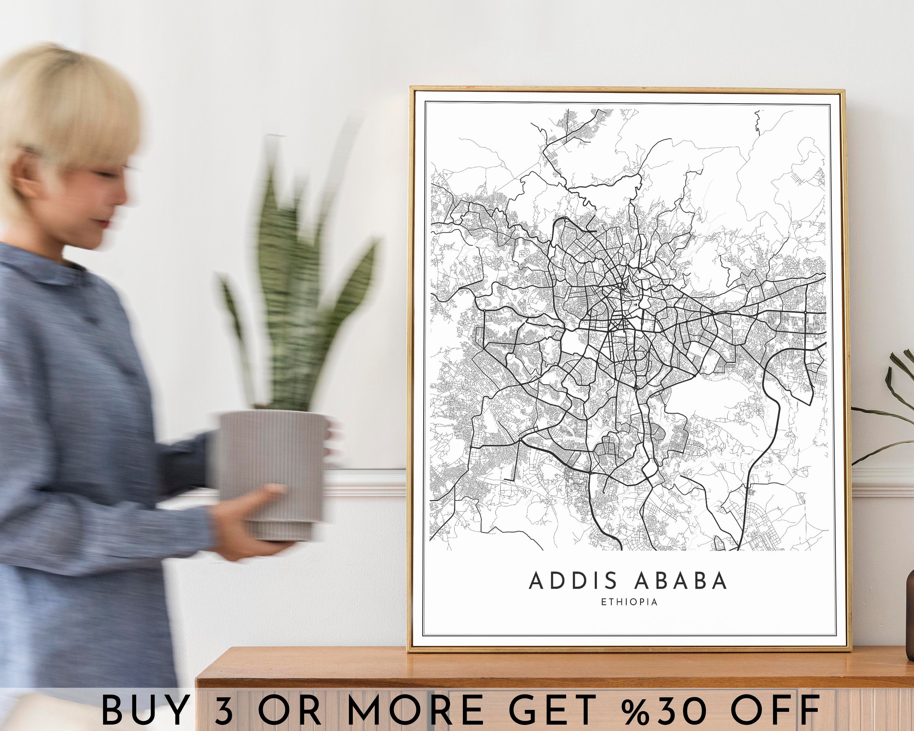 Addis Ababa City Map Art: Minimalist Black and White Print (digital ...