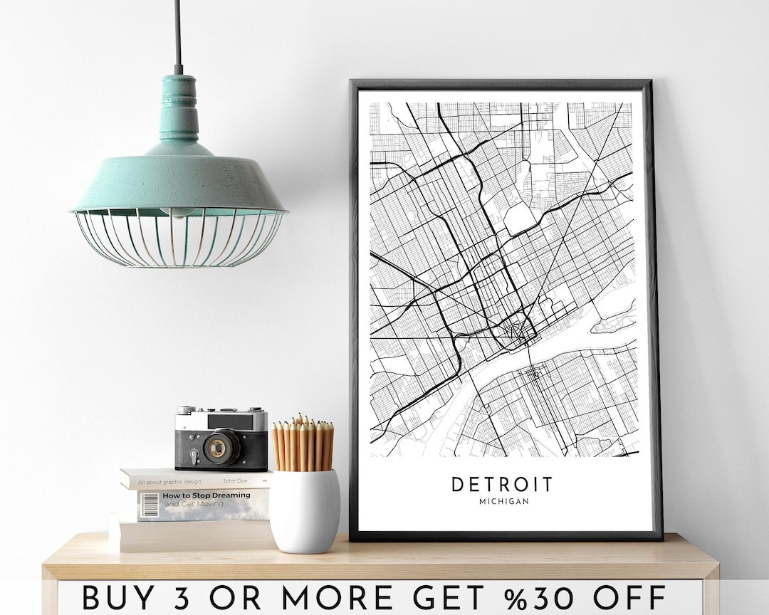 DETROIT City Map PRINTABLE Black and White Wall Art Poster Modern ...