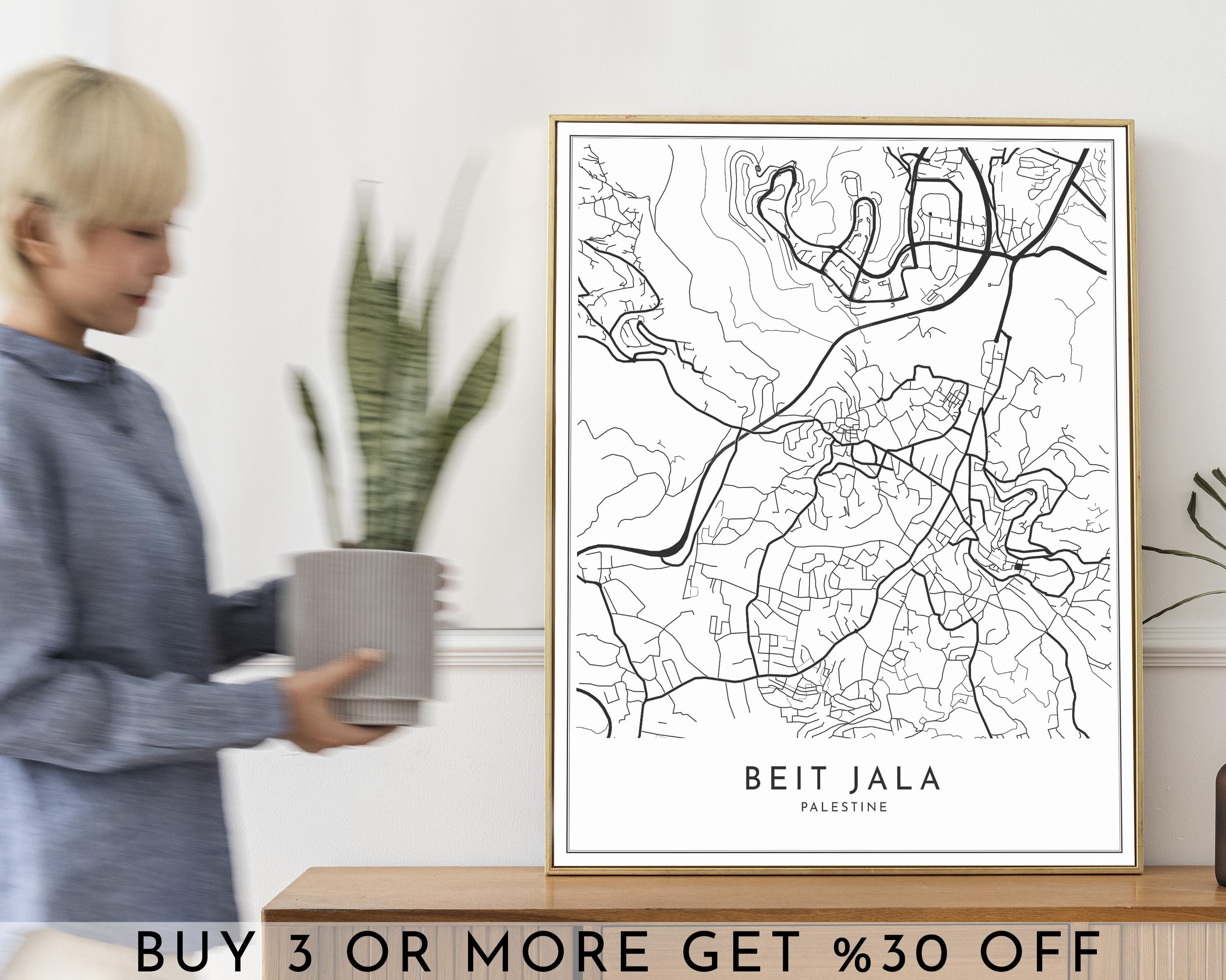Beit Jala City Map Art: Modern Black and White Palestine Print (digital ...