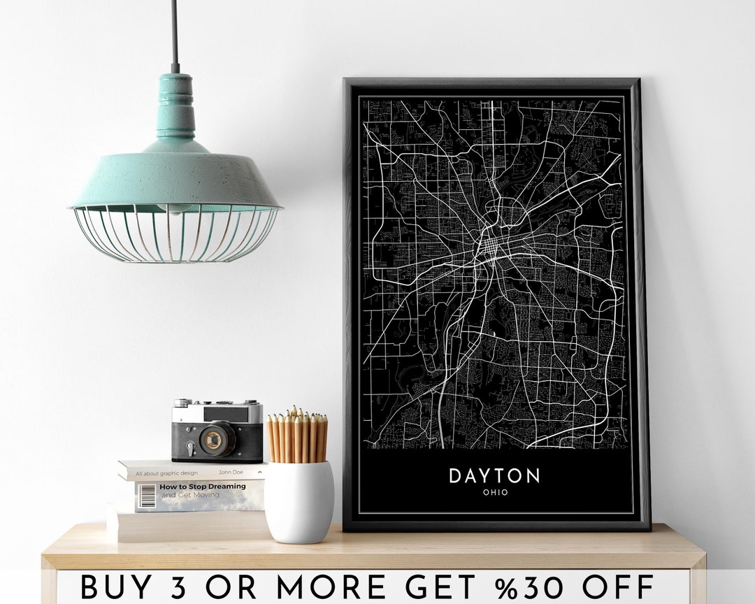 DAYTON City Map PRINTABLE Black and White Dark Map Wall Art Poster ...