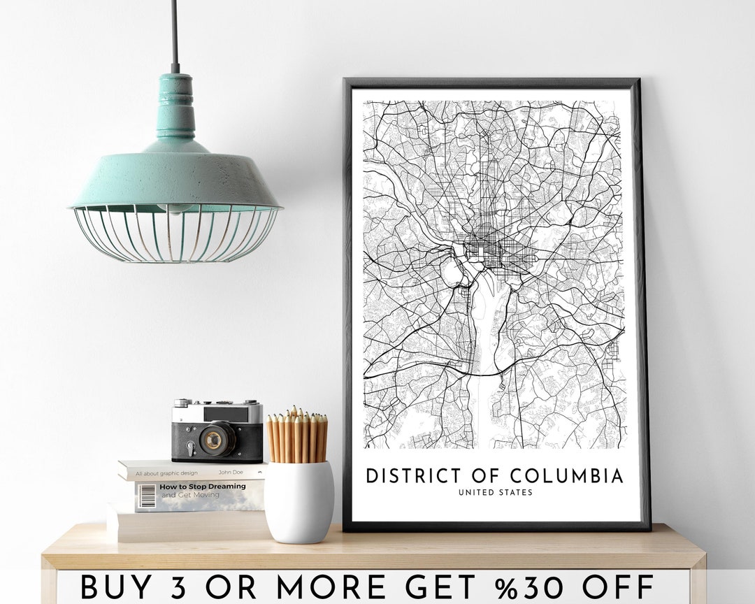 DISTRICT of COLUMBIA City Map PRINTABLE Black and White Wall Art Poster ...