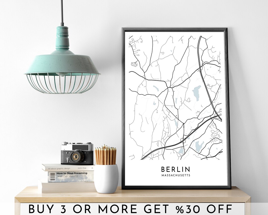 Berlin Massachusetts Map Art: Modern Black and White Print (digital ...