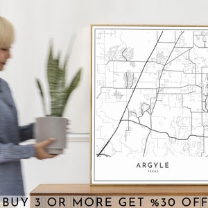 Argyle Texas Map Art Print: Modern Black and White (digital File) - Etsy