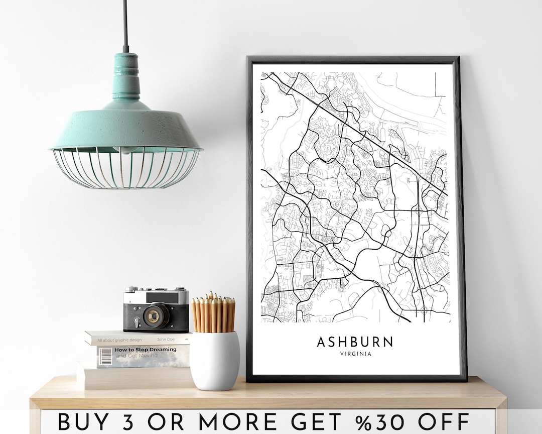 Ashburn Virginia Map Art Print: Minimalist Black and White (digital ...
