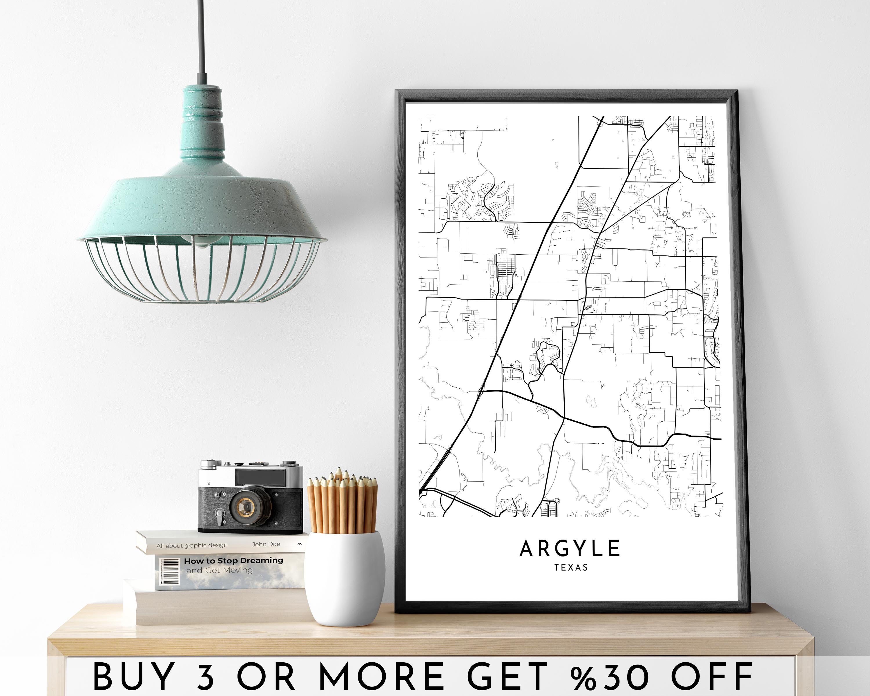Argyle Texas Map Art Print: Modern Black and White (digital File) - Etsy