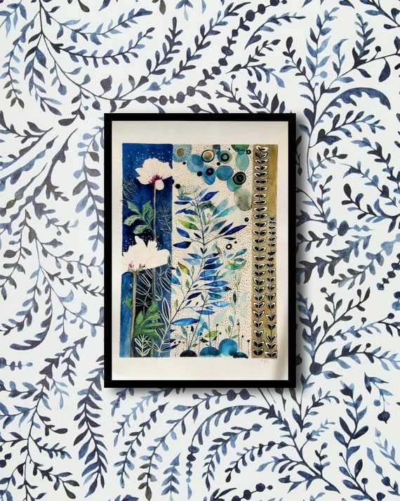 Blue Leaves Print - Etsy