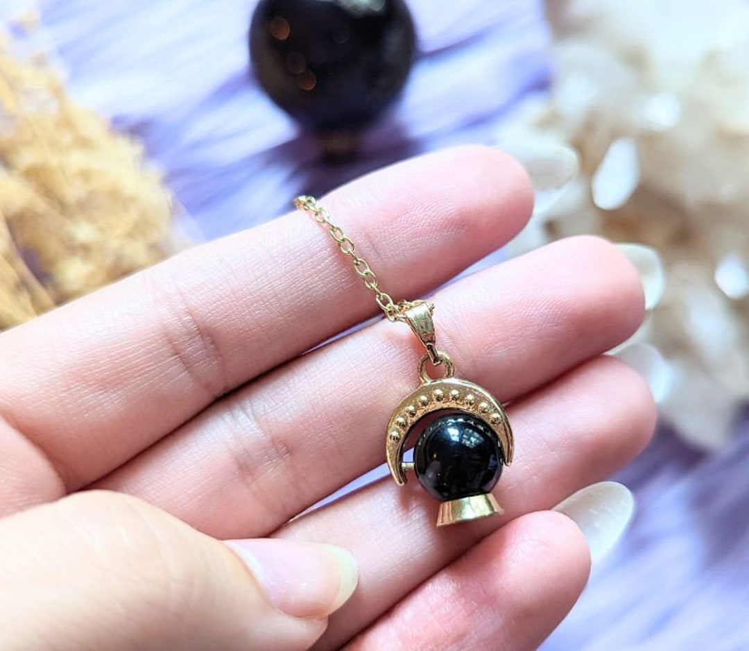 14K Gold Crystal Ball Necklace Obsidian Necklace, Crescent Moon Crystal ...