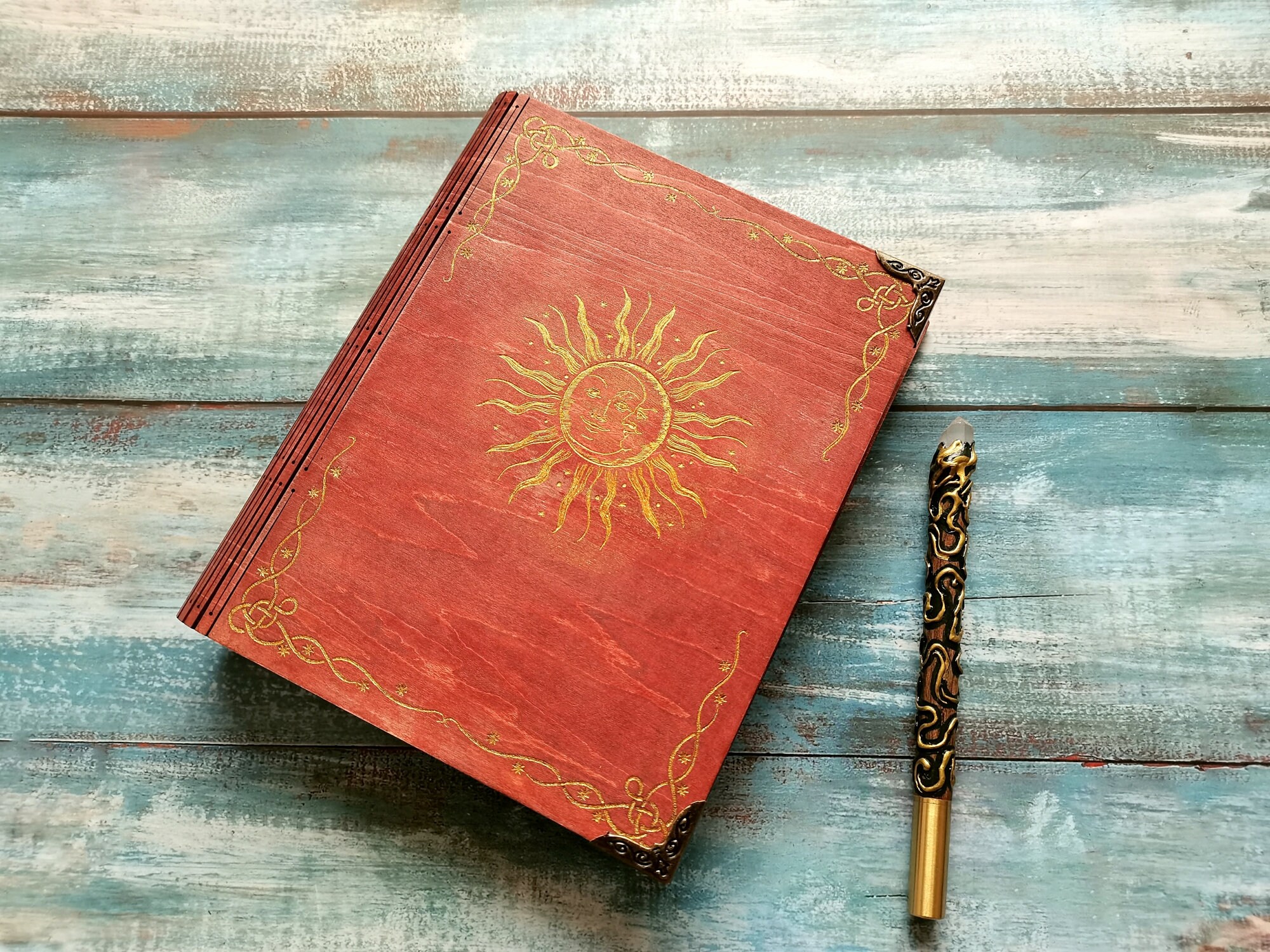 A5 Crescent Moon & Sun Face Wooden Cover Journal Illuminating | Etsy