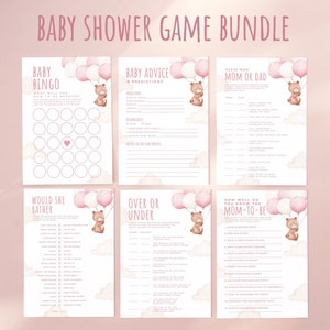 TEDDY | 15 Baby Shower Games Bundle Template Pink Bear With Balloon ...