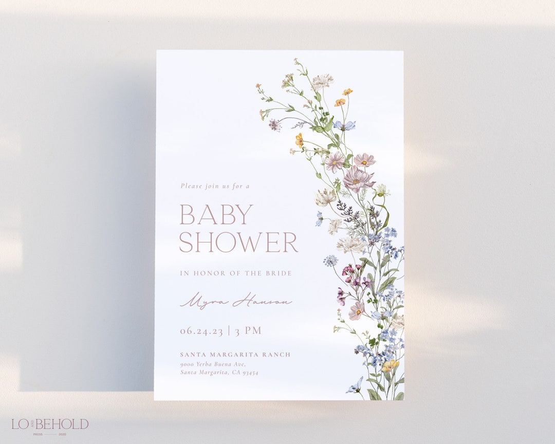 Wildflower Baby Shower Invitation Template, Minimalistic Floral Baby ...