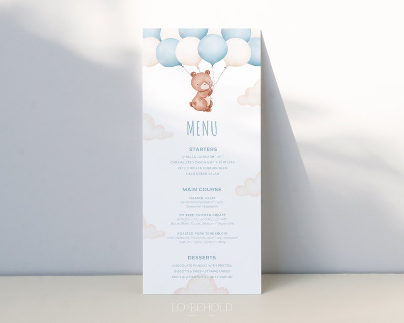 TEDDY Bear Menu Template Download Blue Bear With Balloon | Etsy