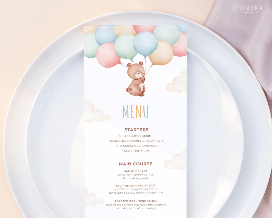 TEDDY | Bear Menu Template Download Bear With Balloon Baby Shower Menu ...