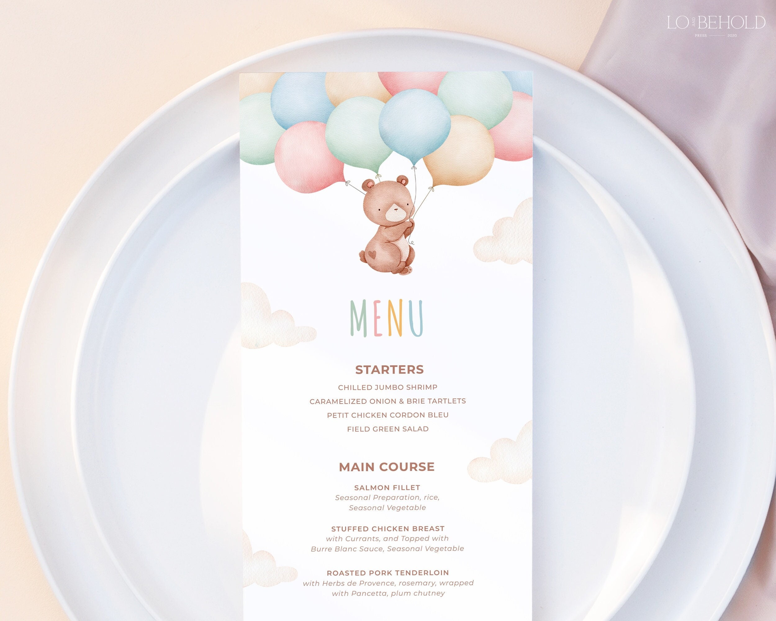 TEDDY Bear Menu Template Download Bear With Balloon Baby | Etsy