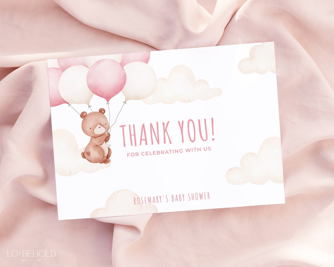 TEDDY Pink Bear Thank You Card Template Baby Shower Bear | Etsy