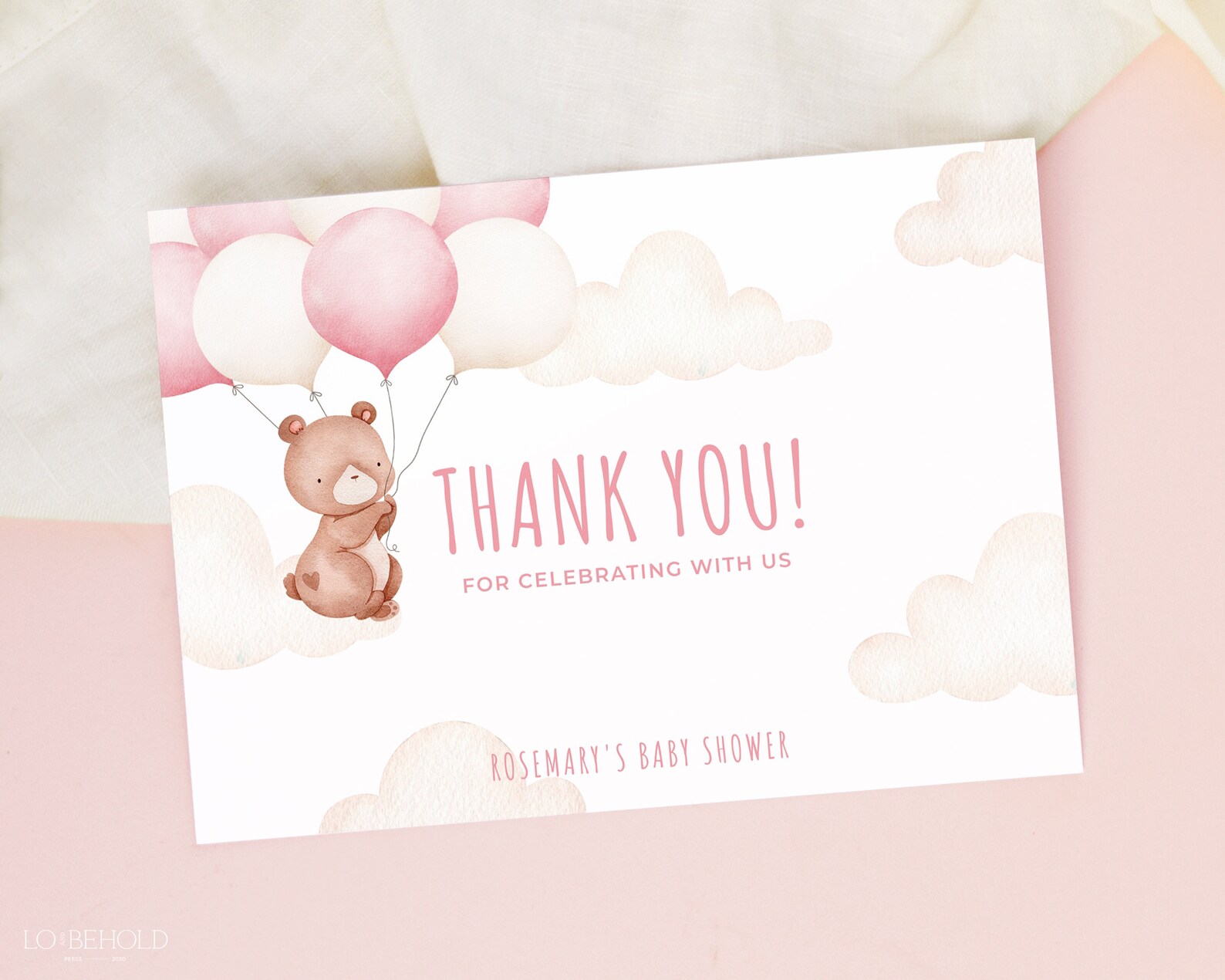 TEDDY Pink Bear Thank You Card Template Baby Shower Bear | Etsy