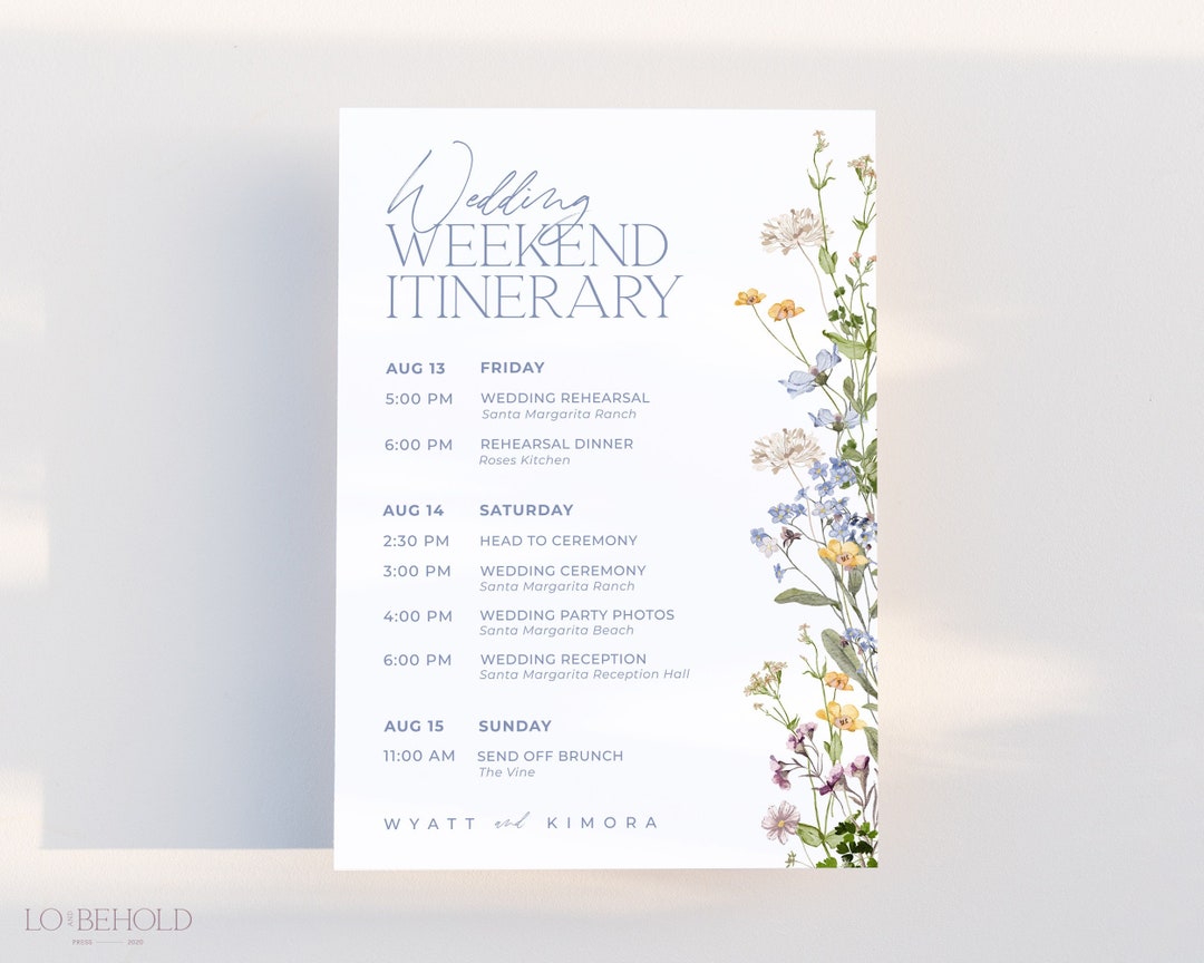 Wedding Itinerary Template, Wildflower Minimalist Wedding Weekend ...