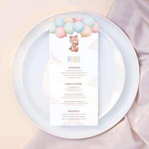 TEDDY | Bear Menu Template Download Bear With Balloon Baby Shower Menu ...