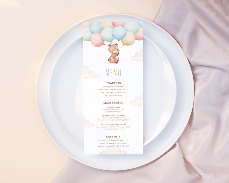TEDDY | Bear Menu Template Download Bear With Balloon Baby Shower Menu ...