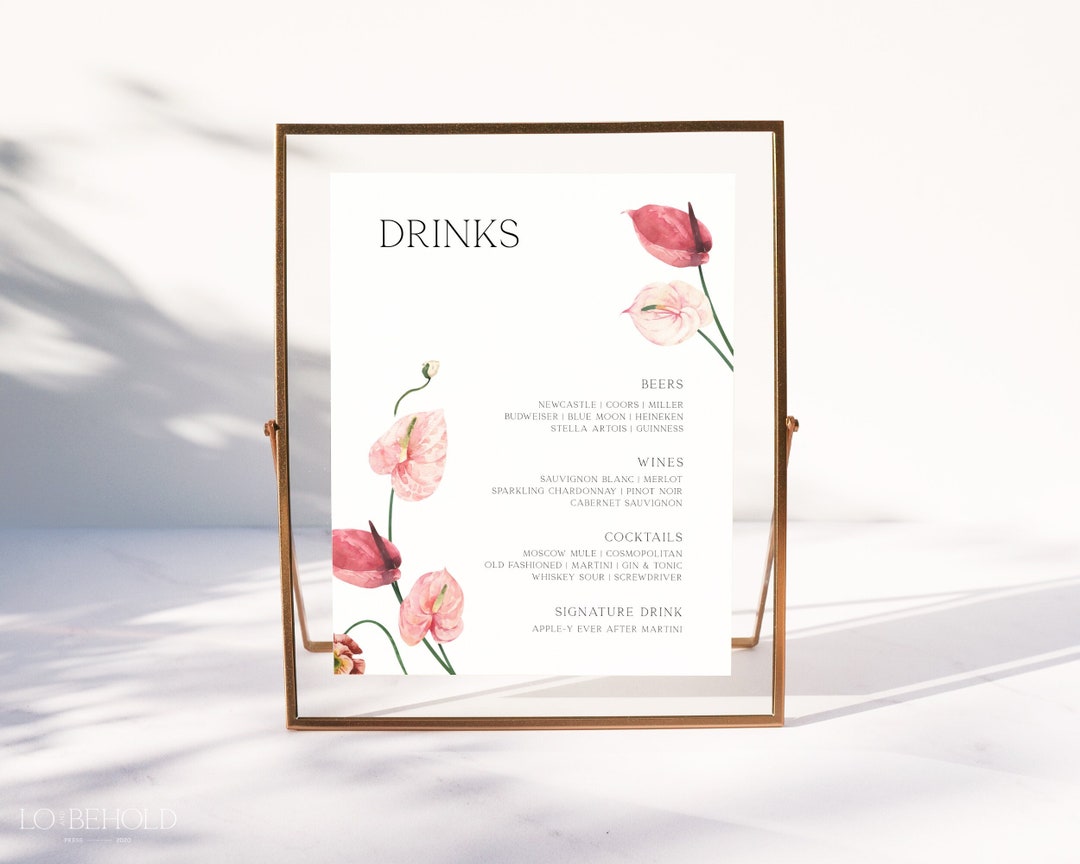 Pink Floral Wedding Bar Menu Sign Template, Spring Floral Drinks and ...