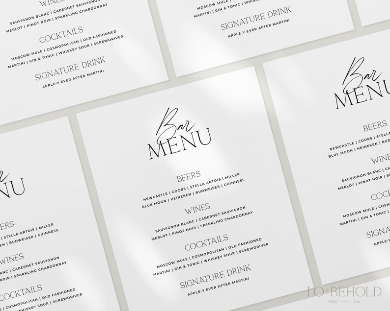 ALTAR Minimalist Wedding Bar Menu Sign Template DIY Download | Etsy