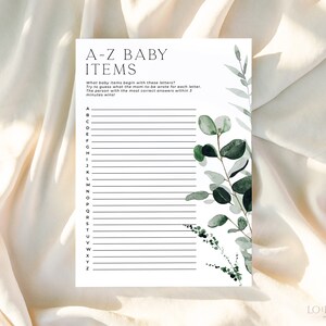 CYPRESS | A to Z Baby Shower Game Template Minimalist Greenery ABC Baby ...