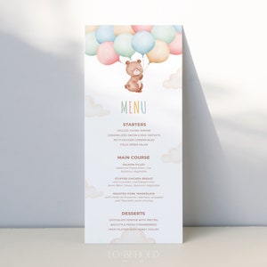 TEDDY | Bear Menu Template Download Bear With Balloon Baby Shower Menu ...
