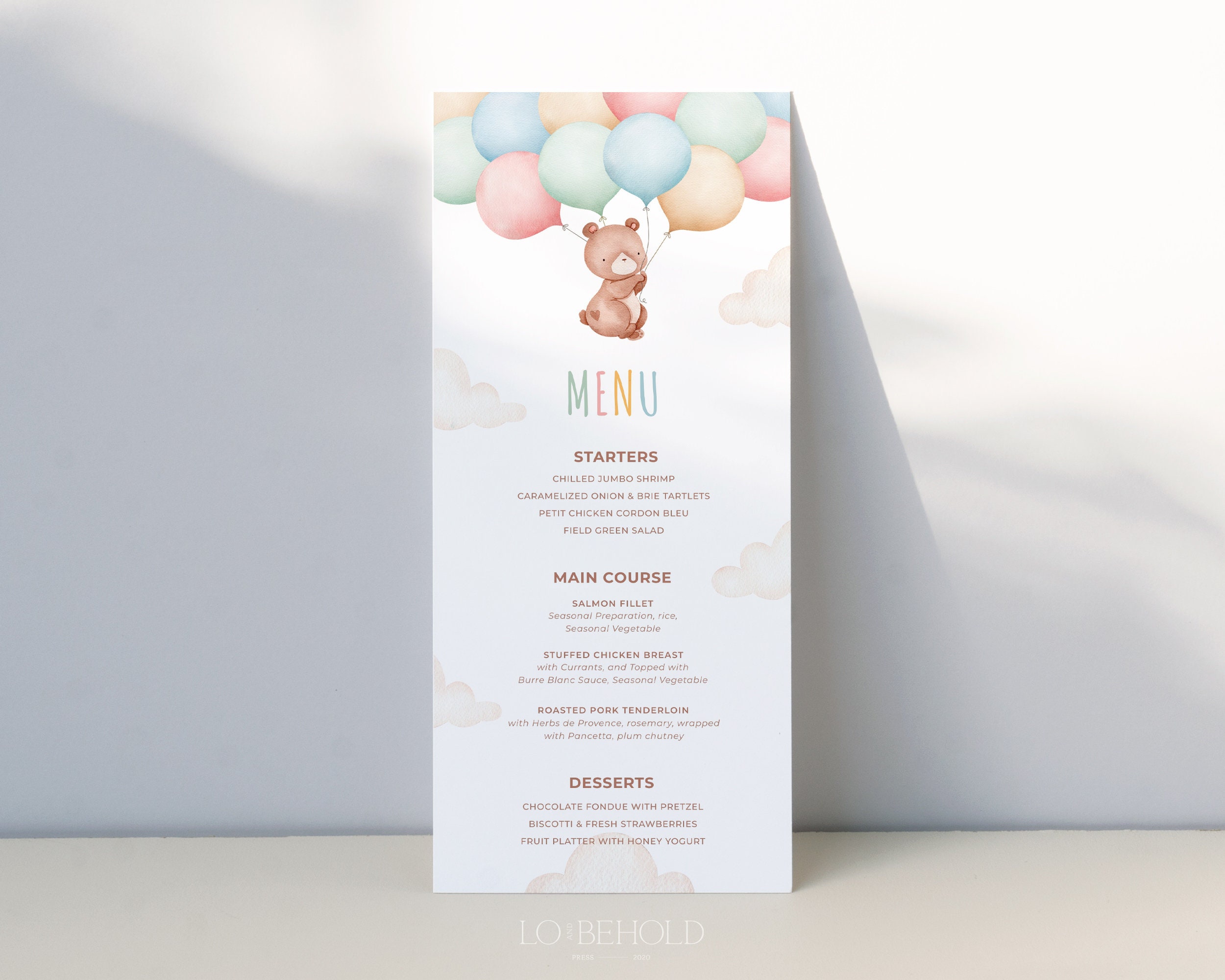 TEDDY | Bear Menu Template Download Bear With Balloon Baby Shower Menu ...