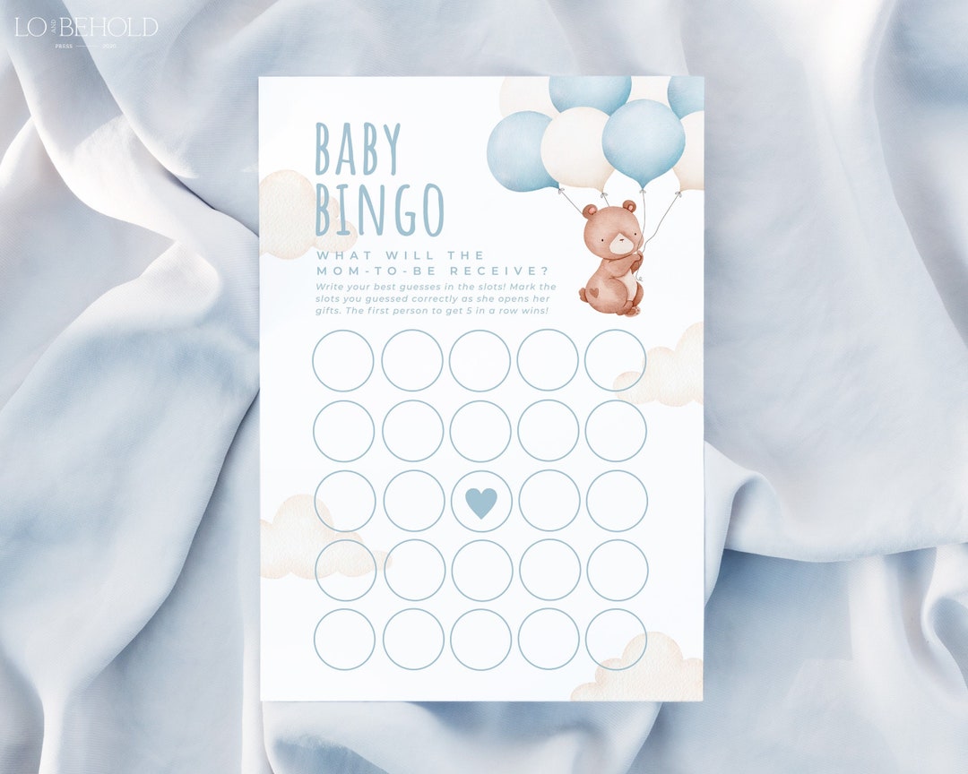 TEDDY | Blue Bear Baby Bingo Game Template Download Bear With Balloon ...