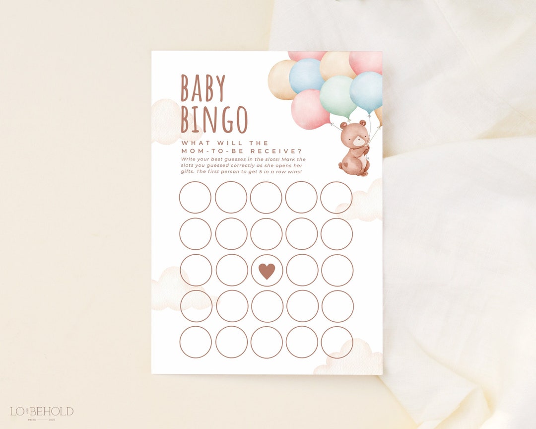 TEDDY | Teddy Bear Baby Bingo Game Template Download Bear With Balloon ...